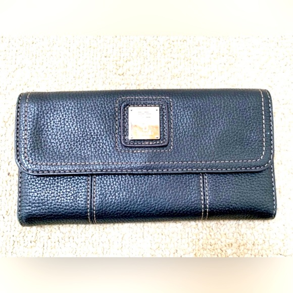 Tignanello | Bags | Tignanello Blue Leather White Stitch Trifold Wallet ...